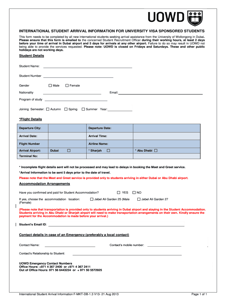 Fillable Online Dubai CampusStudent Arrival Information form Fax Email ...