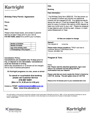 Fillable Online kortright Birthday Party Permit bAgreement Tob cancel ...
