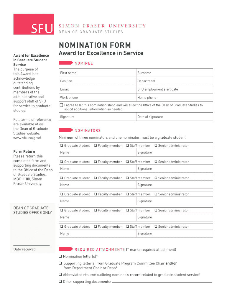 Fillable Online NOMINATION FORM - Simon Fraser University Fax Email ...