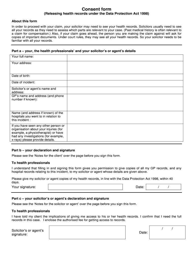 Fillable Online Consent form for the release of health records - BMA ...