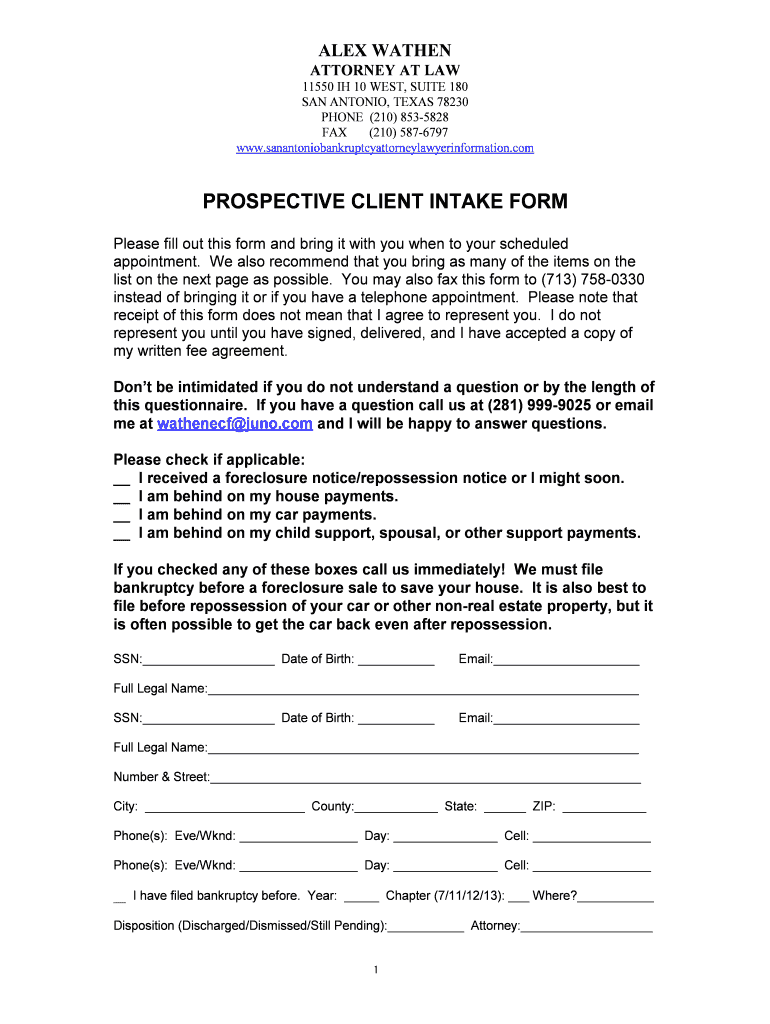 Fillable Online PROSPECTIVE CLIENT INTAKE FORM - San Antonio Bankruptcy ...
