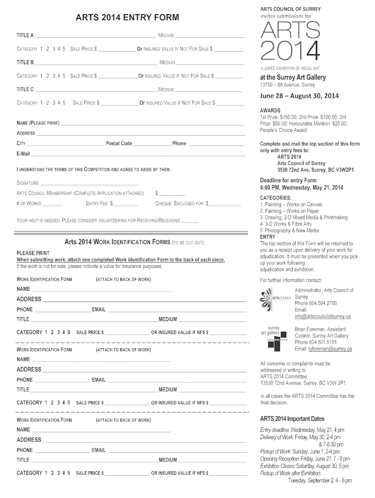 Fillable Online artscouncilofsurrey ARTS 2014 REGISTRATION FORMS - Arts ...
