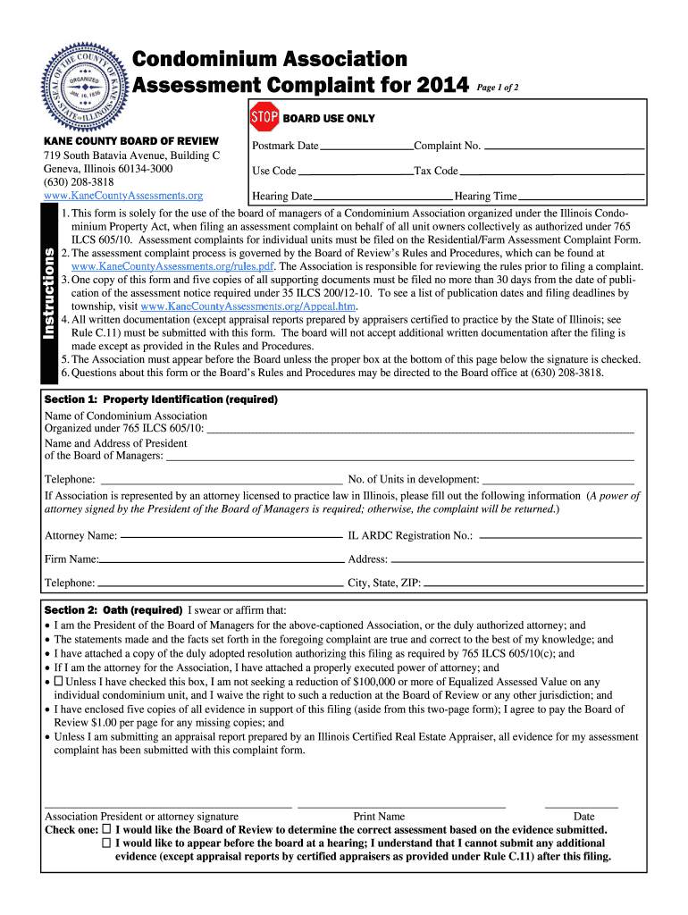 Fillable Online kanecountyassessments Condominium Association - Kane ...