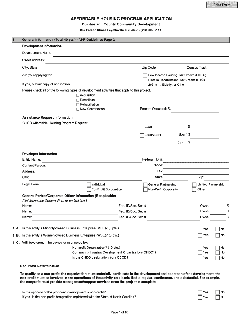 Fillable Online co cumberland nc AFFORDABLE HOUSING PROGRAM APPLICATION - Cumberland County Fax ...