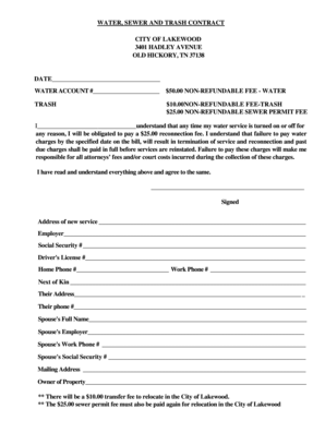 Fillable Online WATER, SEWER AND TRASH CONTRACT Fax Email Print - pdfFiller