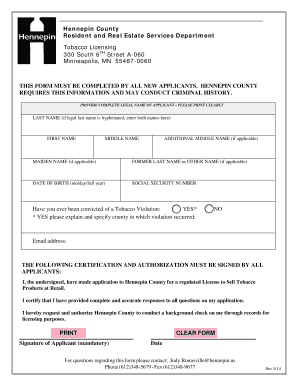 Fillable Online co hennepin mn New tobacco license applicant form (PDF ...