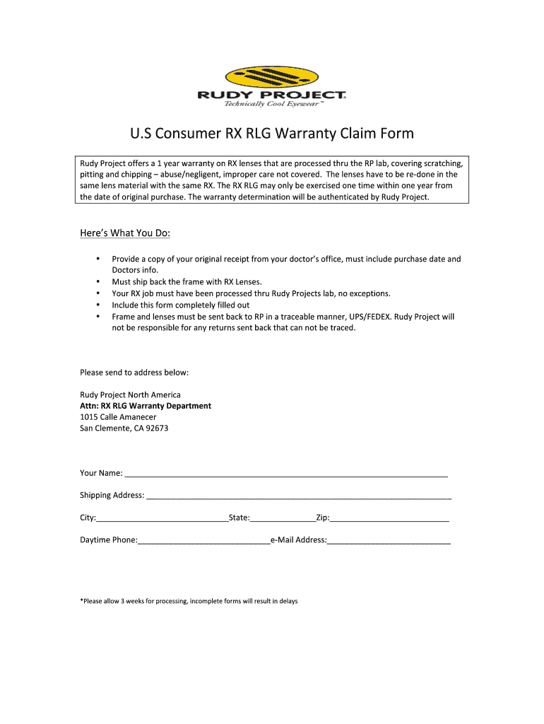 Fillable Online RX RLG CLAIM FORM - Rudy Project Fax Email Print ...