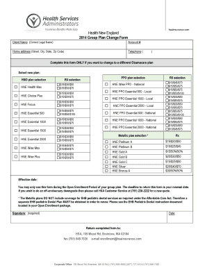 Fillable Online Health New England 2014 Group Plan Change Form - HSA ...