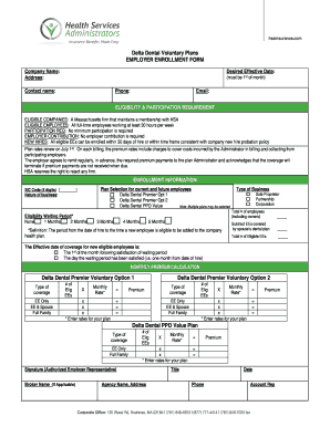 Fillable Online Delta Dental Voluntary Plans EMPLOYER ENROLLMENT FORM ...
