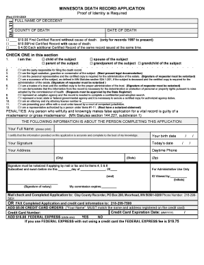 Fillable Online MINNESOTA DEATH RECORD APPLICATION ... - Clay County ...