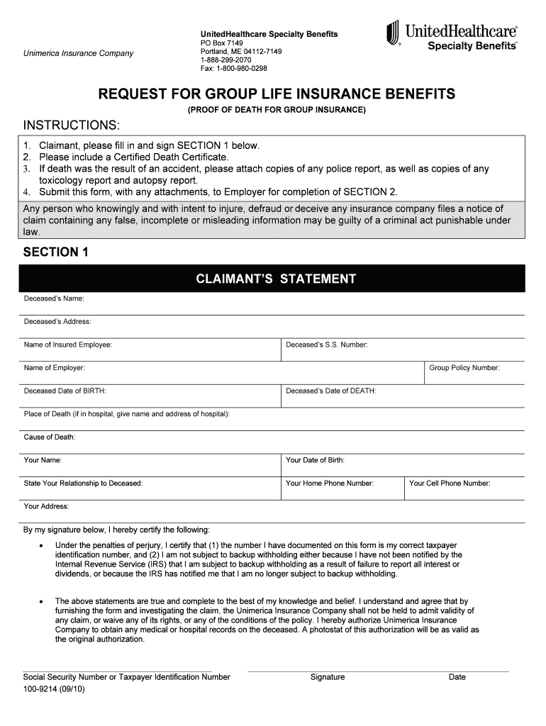Fillable Online UIC Life Claim Form for Beneficiaries residing in AR CO ...