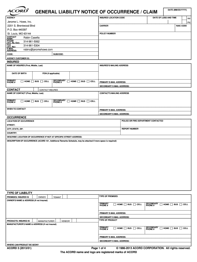 Fillable Online General liability notice of occurrence / claim - Jerome ...