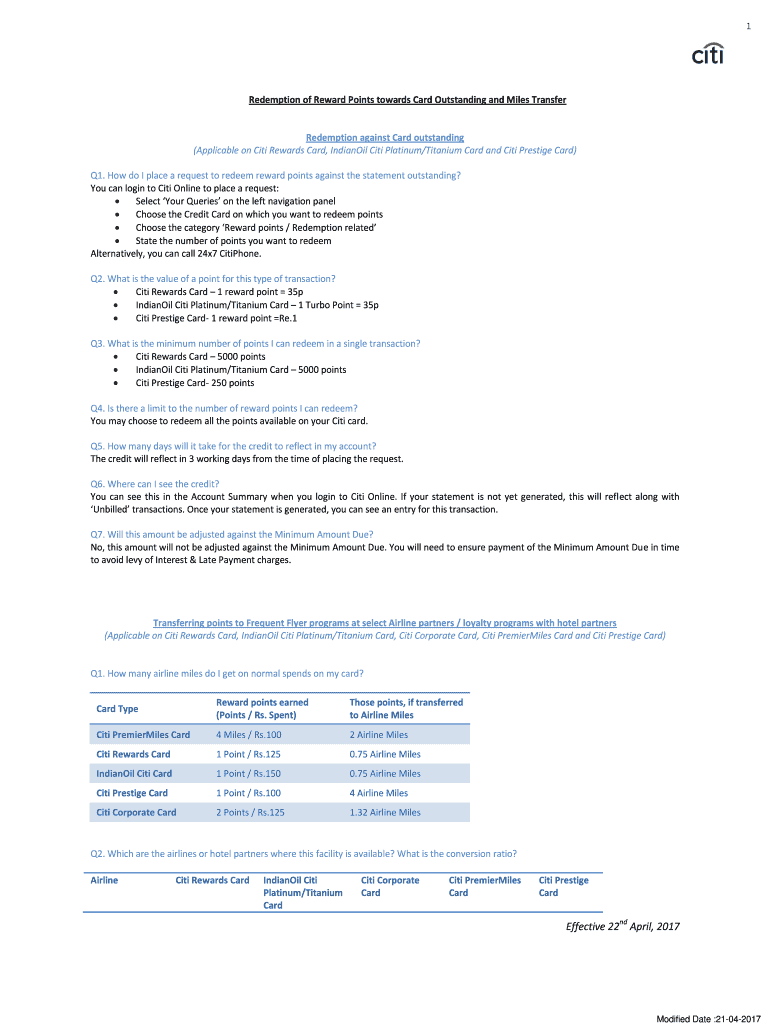 Fillable Online Redemption of Reward Points towards Card Outstanding and Miles Transfer Fax ...