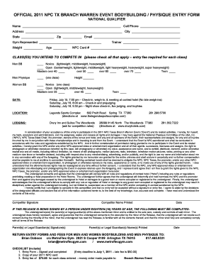 Fillable Online 2011 NPC bodybuilding - physique entry form - branch ...