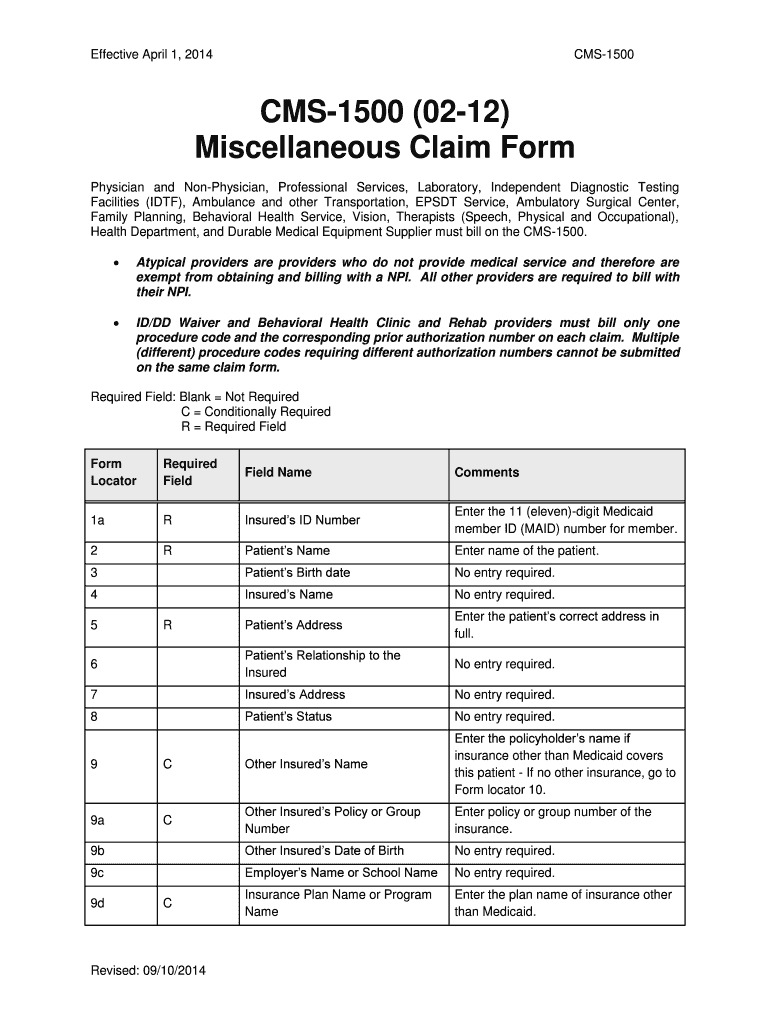 Fillable Online CMS-1500 Miscellaneous Claim. CMS-1500 Form Reminder ...