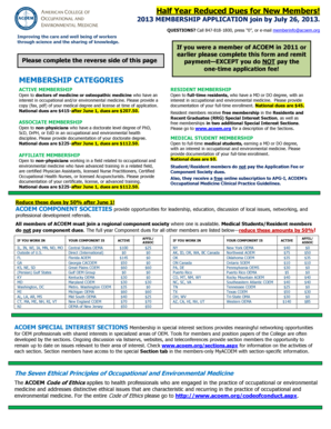 Fillable Online acoem Half Year Reduced Dues for New Members! MEMBERSHIP ... - acoem Fax Email ...