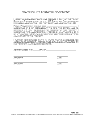 Fillable Online WAITING LIST ACKNOWLEDGEMENT Fax Email Print - pdfFiller