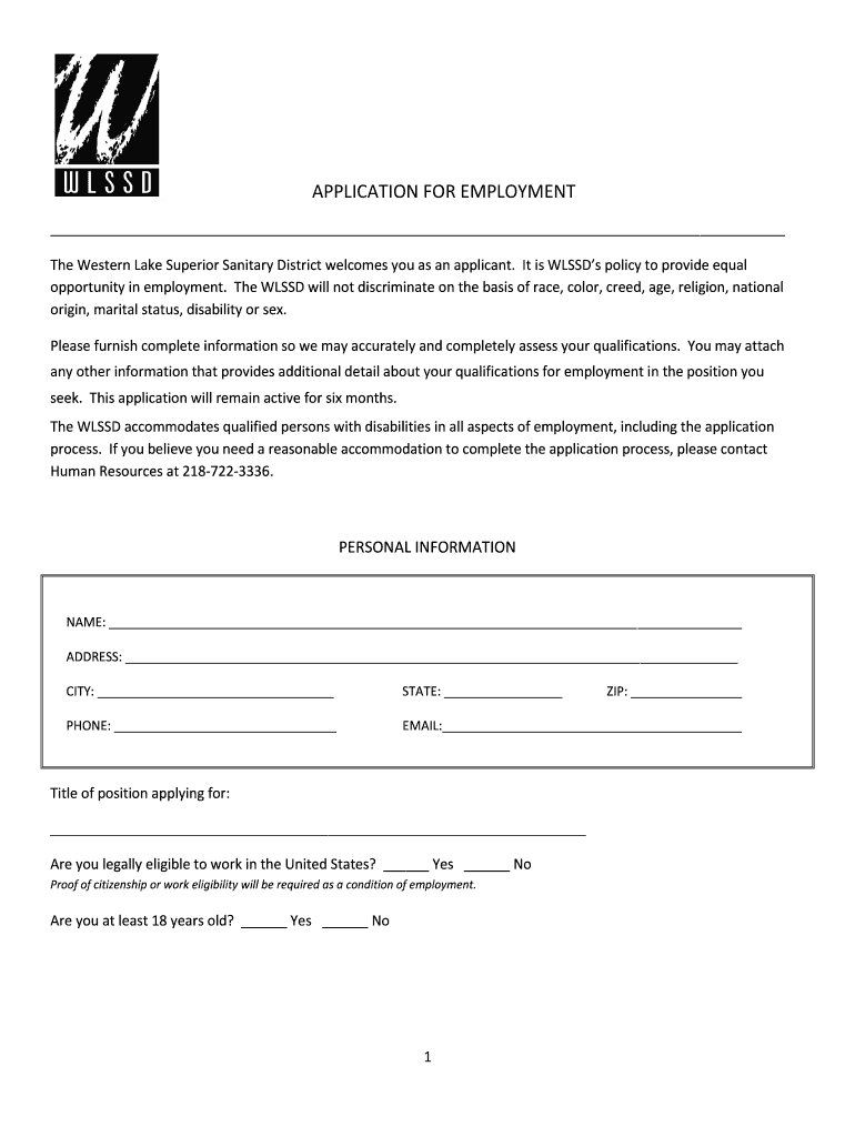 Fillable Online wlssd duluth mn APPLICATION FOR EMPLOYMENT The Western ...