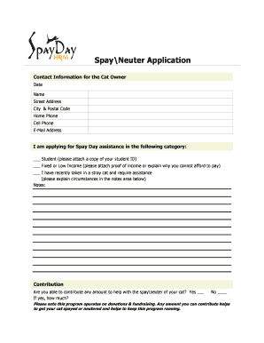 Fillable Online Spay Neuter Application - Spay Day In HRM Spread The ...