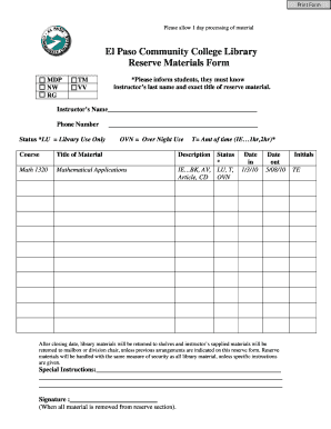 Fillable Online epcc Faculty Reserve Form (PDF) - El Paso Community College Fax Email Print ...