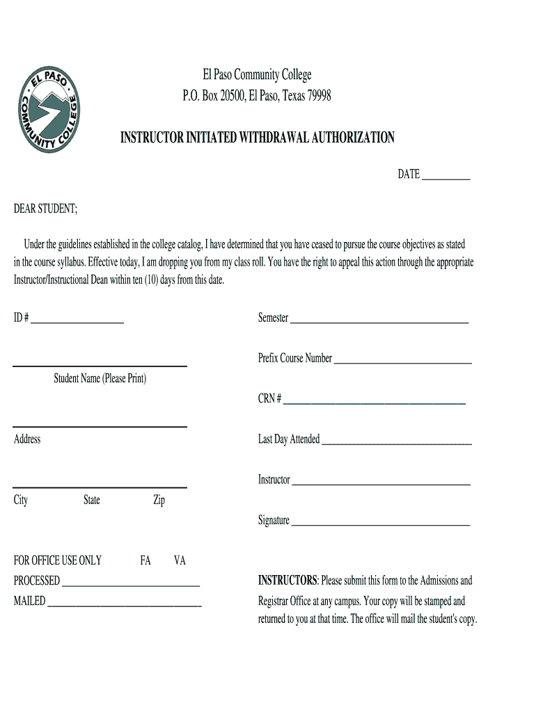 Fillable Online epcc Instructor Initiated Withdrawal form (PDF) - El ...