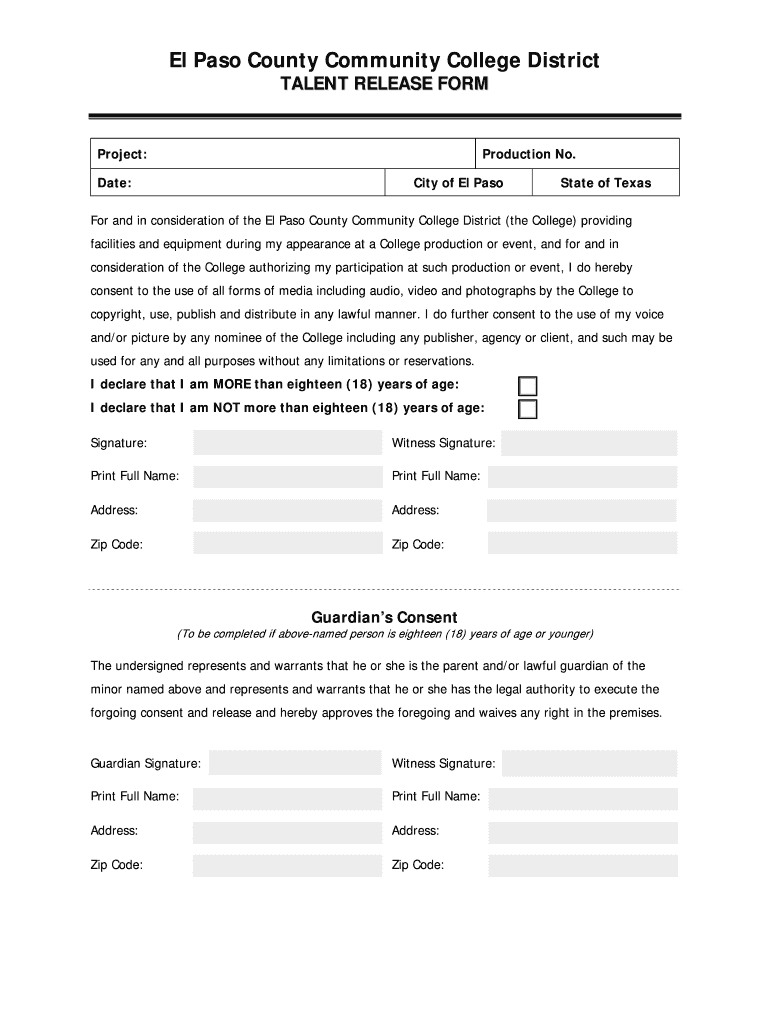 Fillable Online epcc Reset Form El Paso County Community College District TALENT RELEASE FORM ...