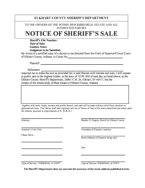 Fillable Online NOTICE OF SHERIFFS SALE - Elkhart County Sheriff Fax ...