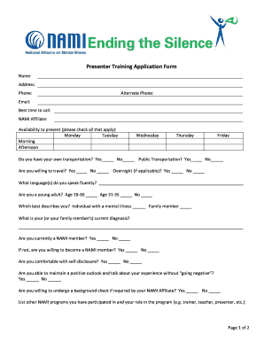 Fillable Online Presenter Training Application Form - NAMI Illinois Fax ...