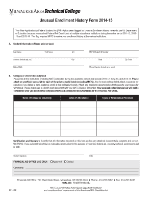 Fillable Online matc Unusual enrollment History Form 2014-15 ...