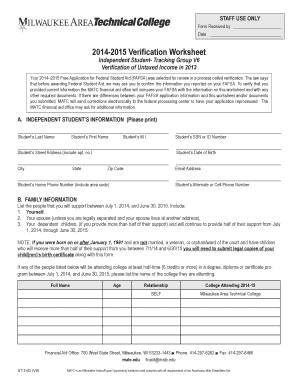 Fillable Online matc StAFF uSe oNLY Form Received by Date 2014-2015 Verification Worksheet ...