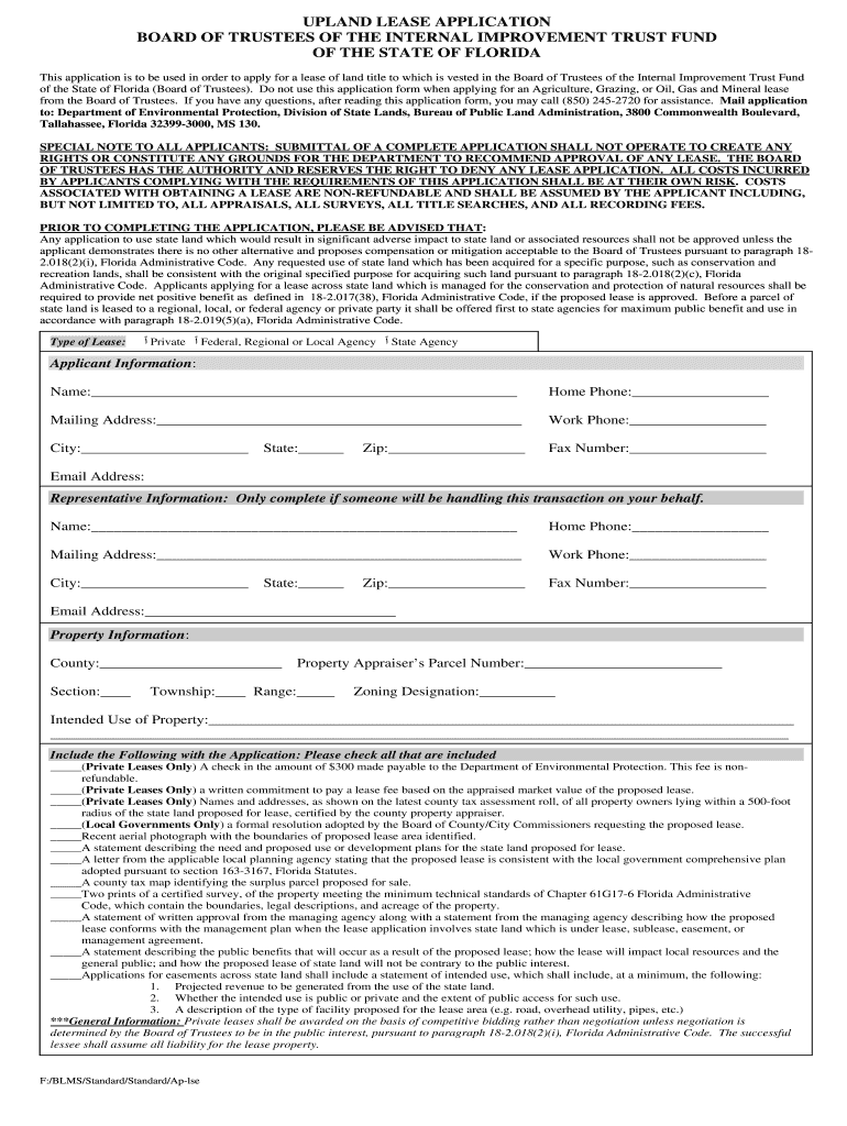 Fillable Online floridadep UPLAND LEASE APPLICATION BOARD OF TRUSTEES OF THE ... Fax Email Print ...