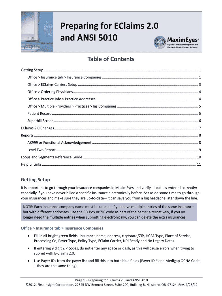 Fillable Online Preparing for EClaims 2.0 and ANSI 5010 - MaximEyes ...