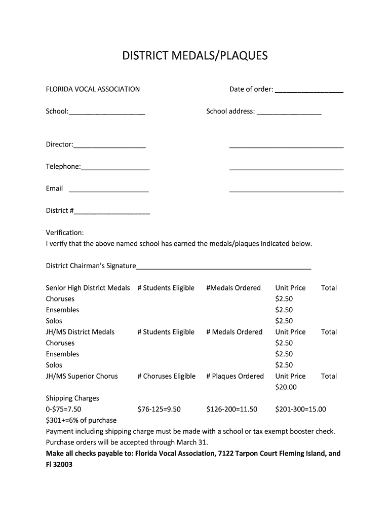 Fillable Online District Medals/Plaques Order Form - Florida Vocal Association Fax Email Print ...