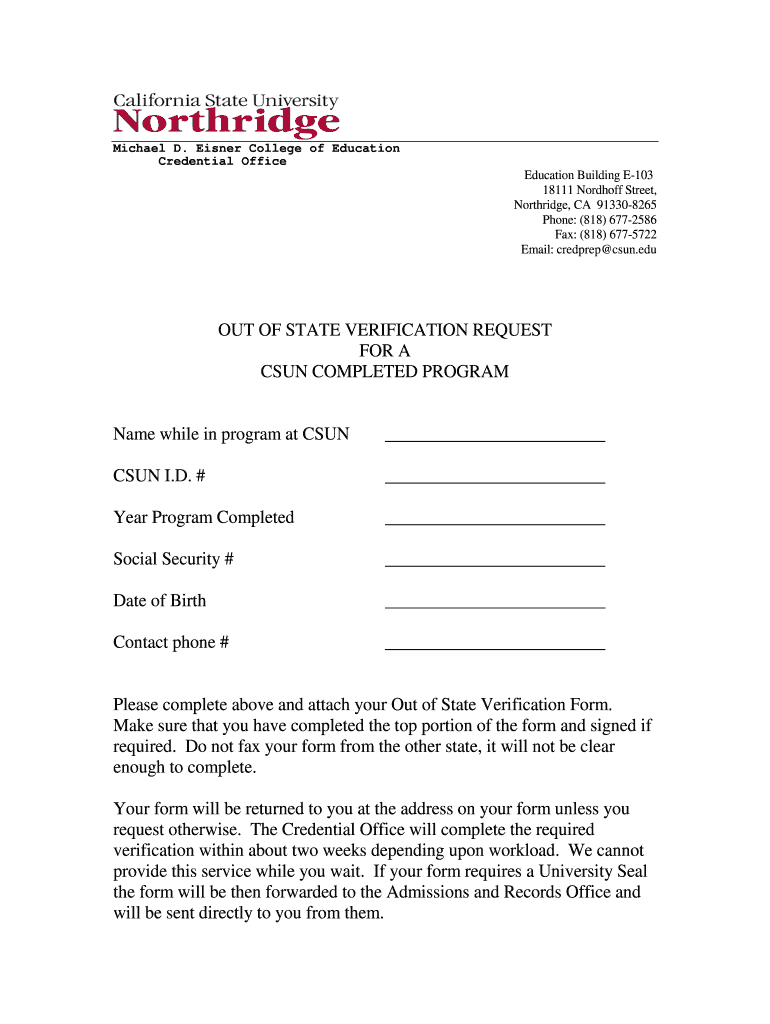 Fillable Online csun BOut of Stateb Verification Request for a CSUN ...
