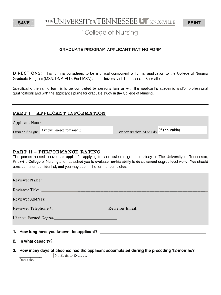 Fillable Online nursing utk GRADUATE PROGRAM APPLICANT RATING FORM Fax ...