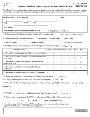 Fillable Online angus Customer Feedback Opportunity -- Purchaser ...