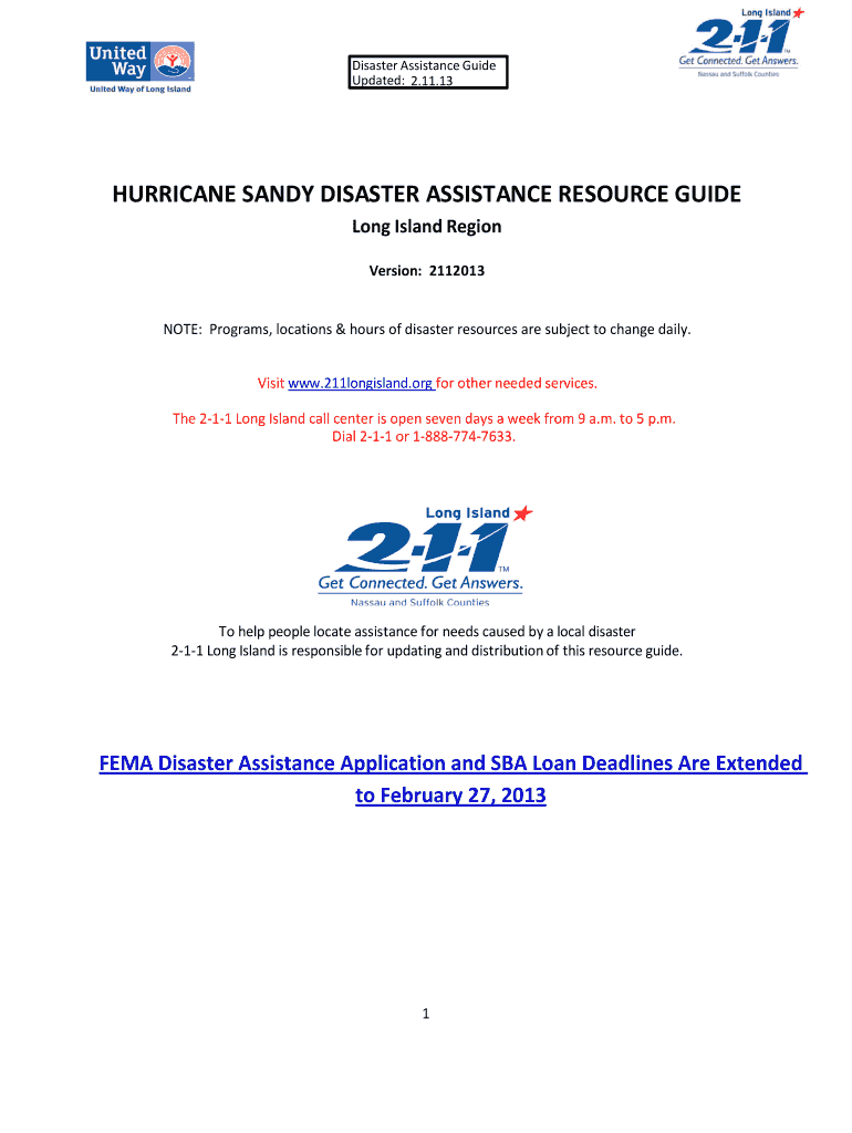 Fillable Online Hurricane sandy disaster assistance resource guide ...