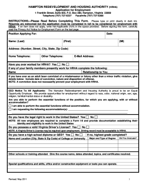 Fillable Online HRHA Employment Application - Hampton Redevelopment and ...