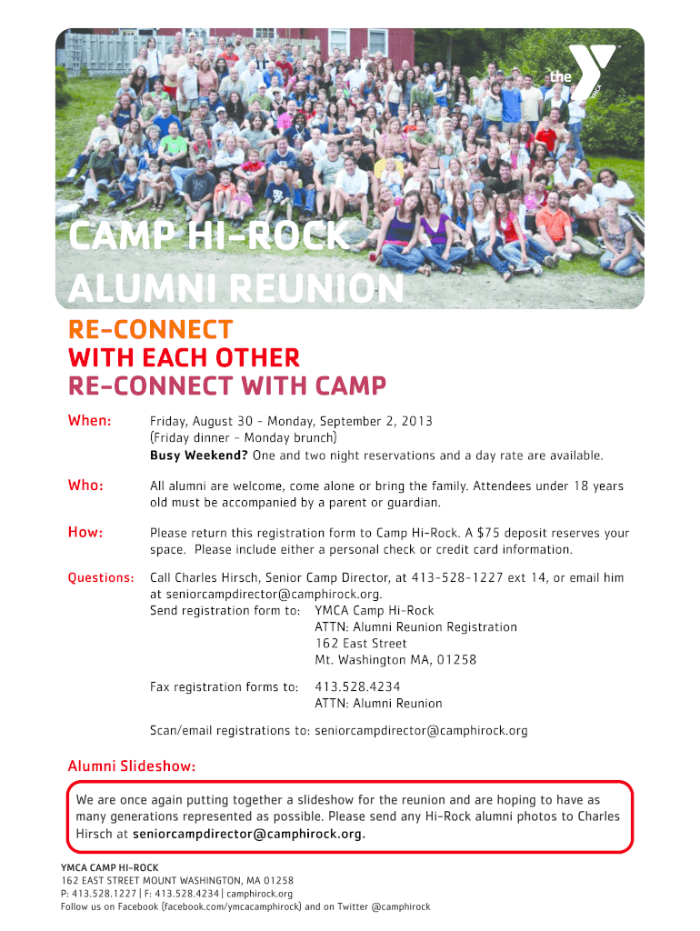 Fillable Online camphirock Alumni Reunion Registration Form - YMCA Camp ...