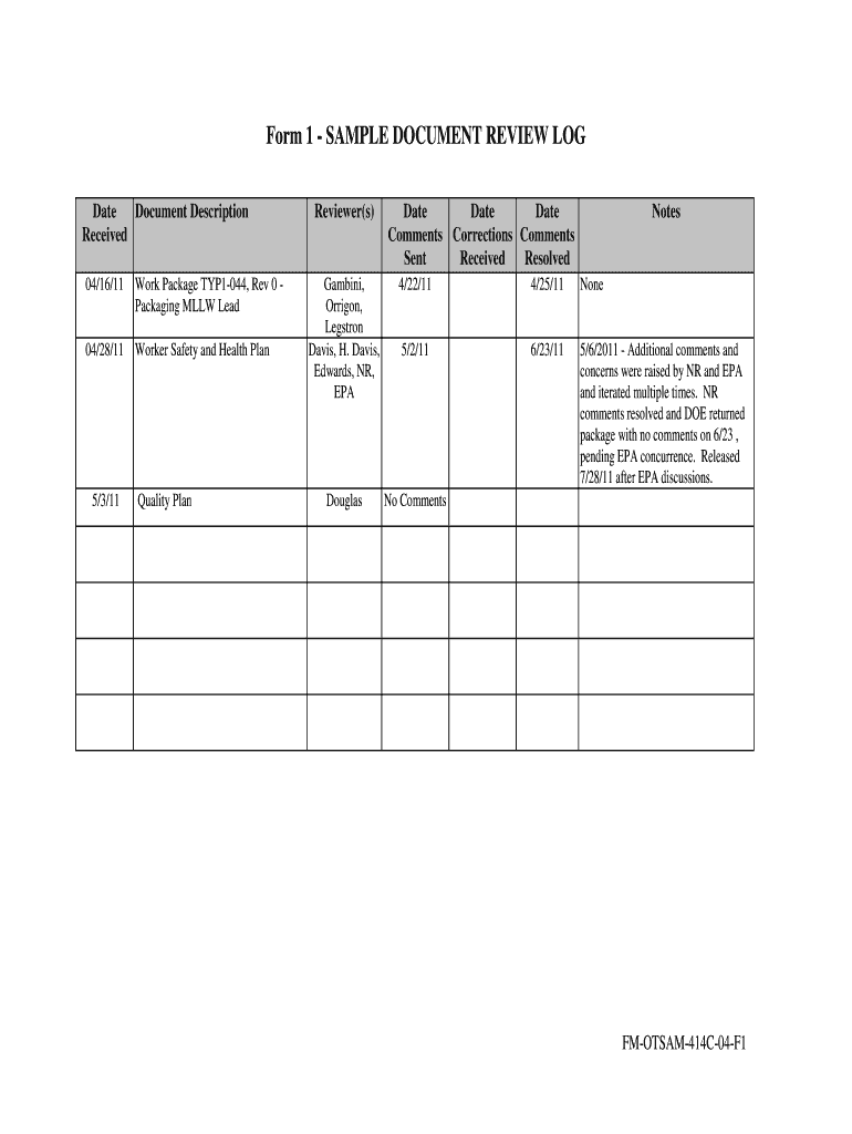 Fillable Online emcbc doe Form 1 - SAMPLE DOCUMENT REVIEW LOG - emcbc ...