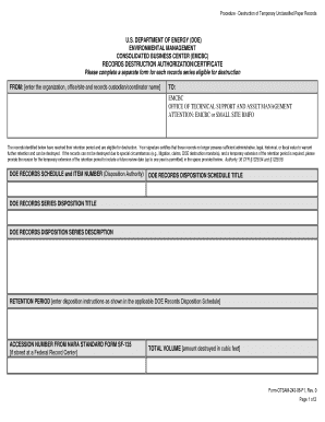 Fillable Online emcbc doe Records Destruction ...