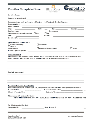Fillable Online Provider Complaint Form Fax Email Print - pdfFiller