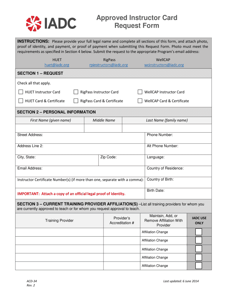 Fillable Online iadc Approved Instructor Card Request Form - IADC Fax ...