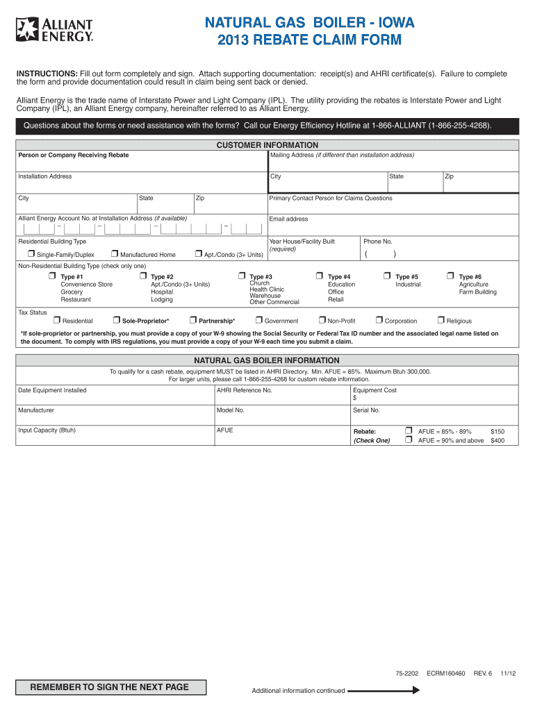 Fillable Online NATURAL GAS BOILER - IOWA 2013 REBATE CLAIM FORM Fax ...