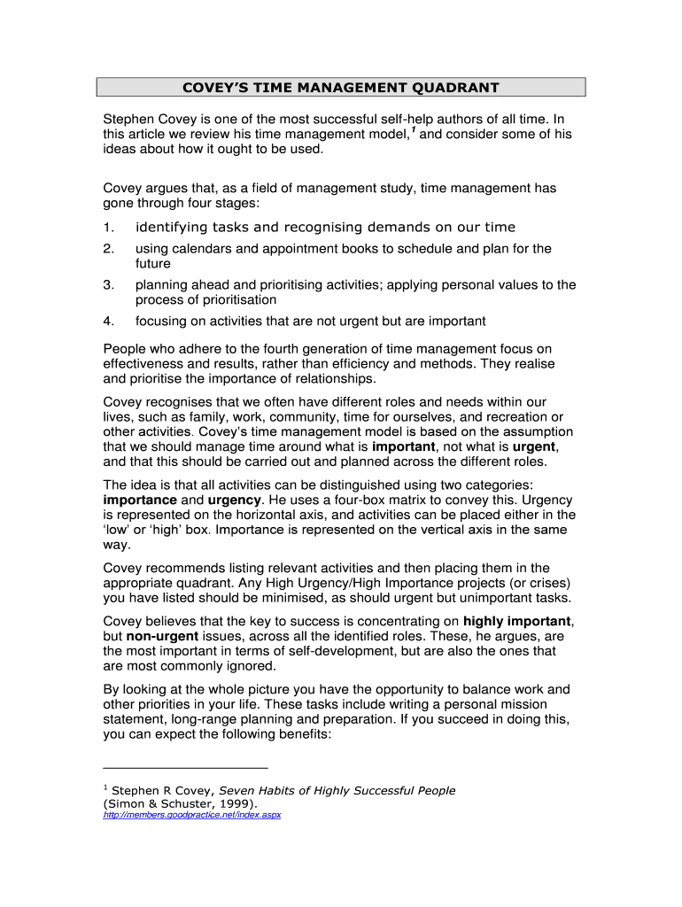 Fillable Online COVEYS TIME MANAGEMENT QUADRANT Fax Email Print - pdfFiller