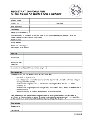 Fillable Online umb REGISTRATION FORM FOR SUBMISSION OF THESIS FOR A ... Fax Email Print - pdfFiller