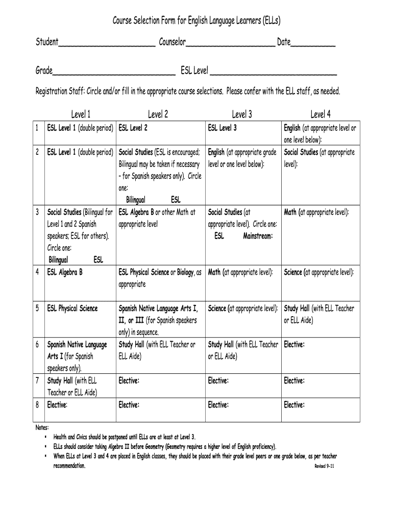 Fillable Online portal norwalkps ESL Course Selection Form - Updated ...