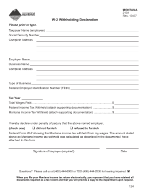 Fillable Online revenue mt 2007 Form 2101. W-2 Withholding Declaration ...