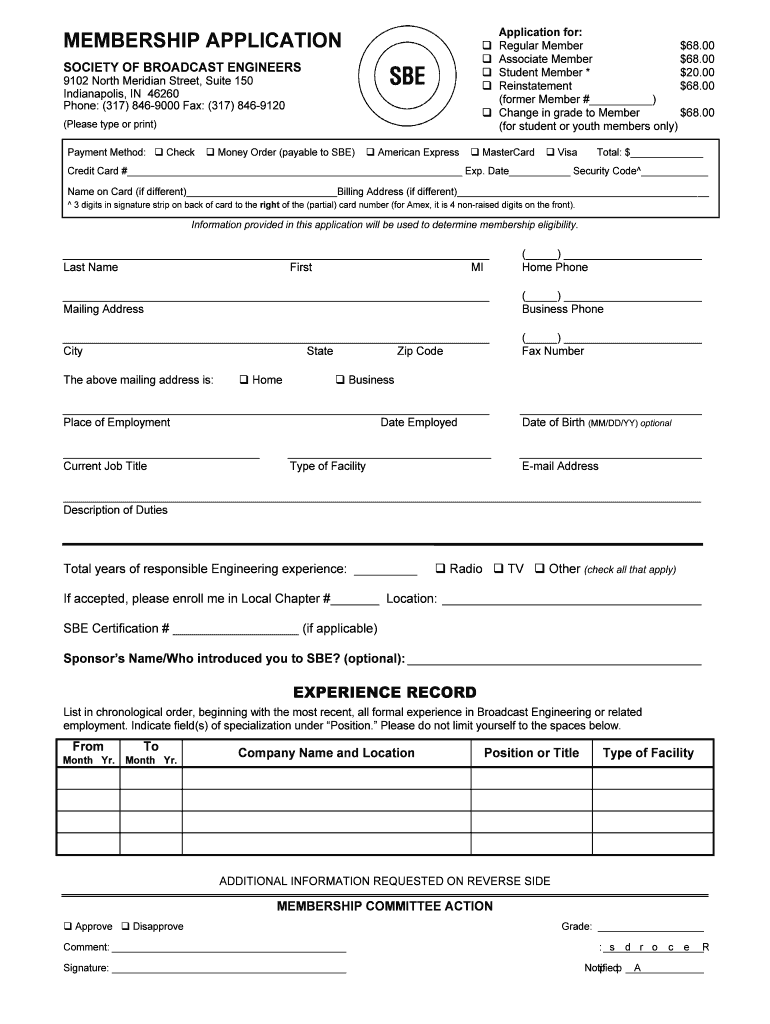 Fillable Online sbe SBE membership application - Society of Broadcast ...