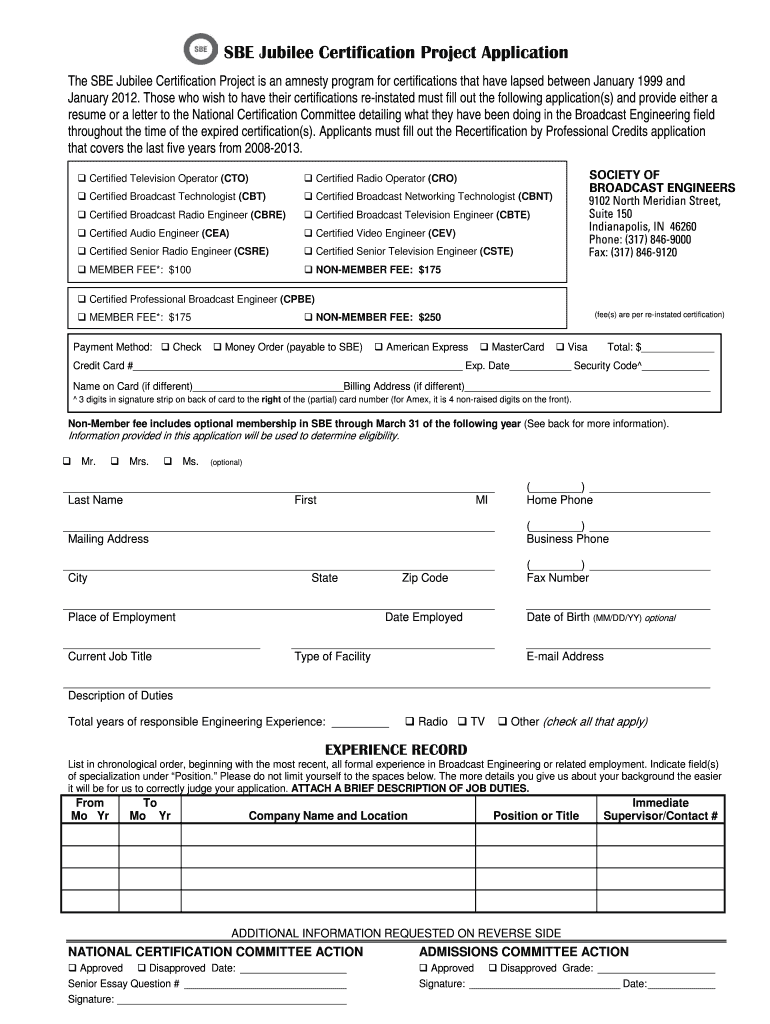 Fillable Online sbe SBE Jubilee Certification Project Application Fax Email Print - pdfFiller